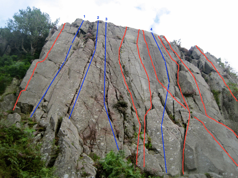BRANTRAKE. Lower Crag. new and existing routes with lines – FRCC